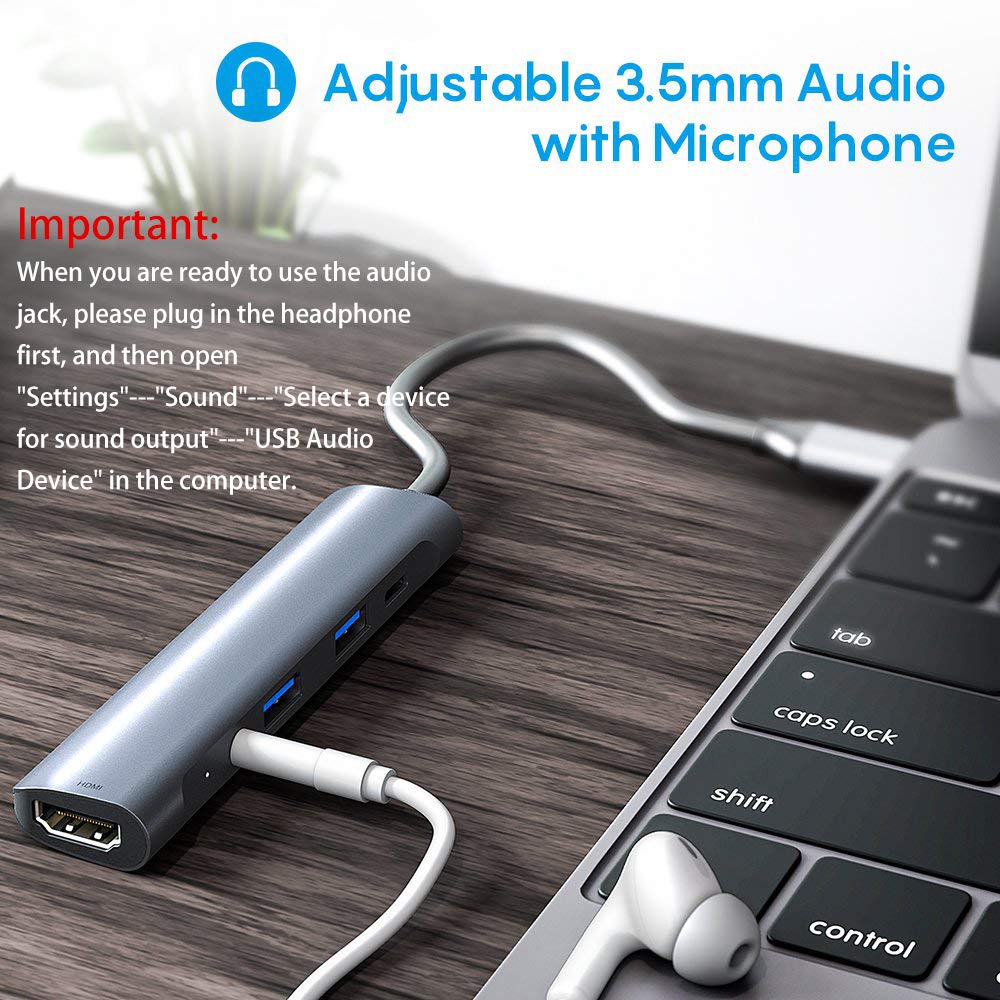 Slim Aluminum USB C Hub Adapter 5 in 1 with 4K HDMI, USB 3.0 Port, 3.5mm Headphone Jack, USB-C Data Charging Port Compatible for MacBook Pro, iPad Pro, Nintendo Switch and More