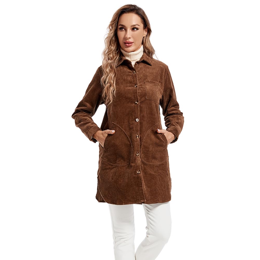 Minibee Women's Corduroy Shirt Coats Long Sleeve Button Down Blouses Tops with Pockets Coffee M