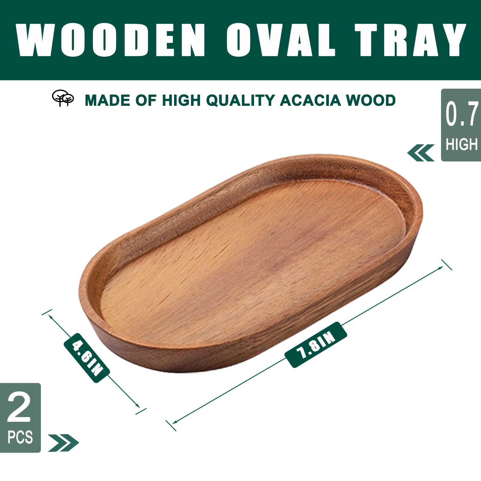 Vandroop Mini Serving Trays for Parties, Small Tray for Tea&Coffee, Oval Wooden Plates for Serving Food, Decorative Tray for Appetizer&Vegetables, Tray for Bathroom 7.8"×4.6" (Acacia, Set of 2)