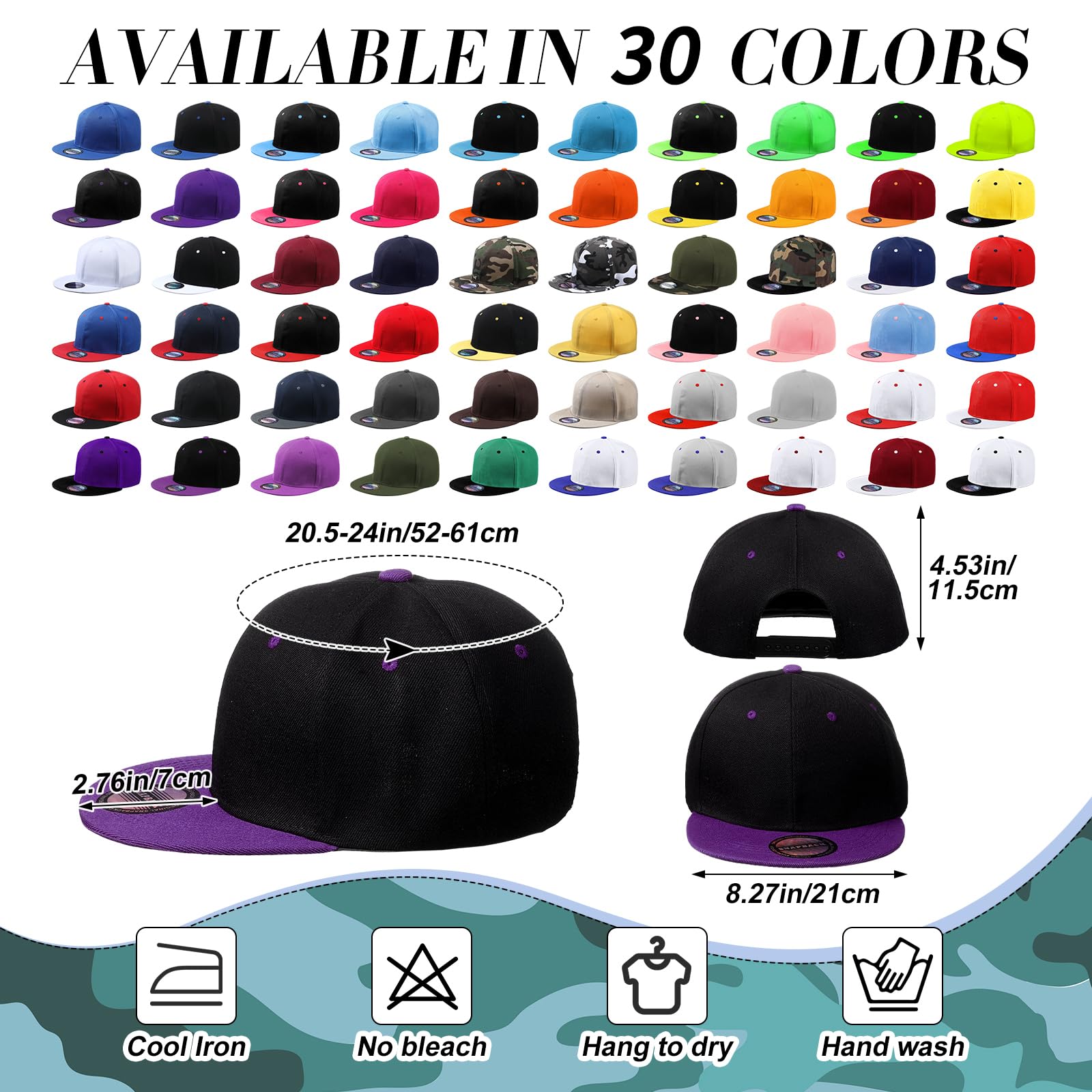 Toulite 60 Pcs Snapback Hats for Men Hip Hop Style Hats Plain Blank Flat Bill Hats Solid Flat Brim Hat Adjustable Baseball Caps Bulk