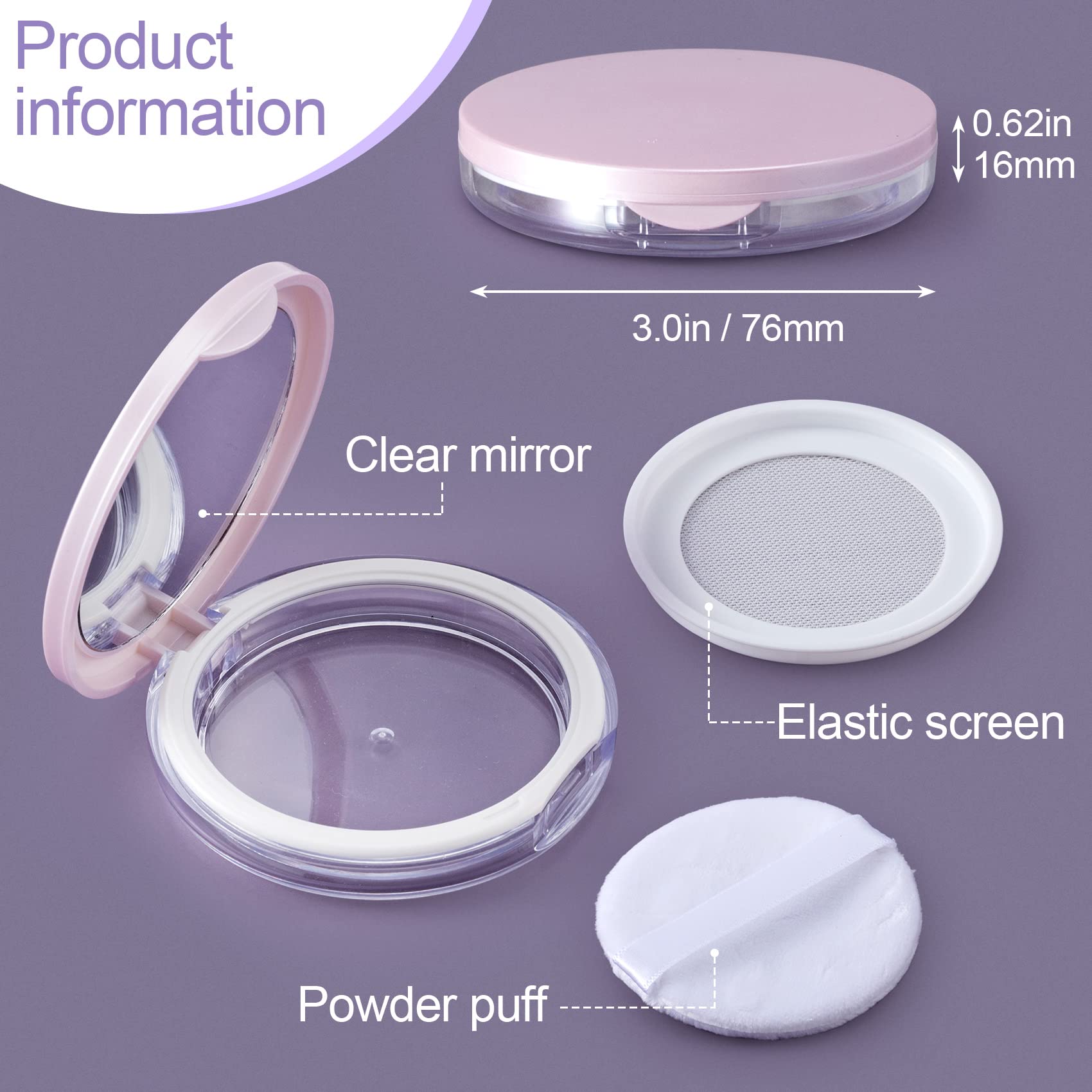 OIIKI 2 Packs Loose Powder Compact Containers, 3g Refillable Container with Powder Puff, Mirror, Net, Spoon, DIY Makeup Powder Cases Portable Powder Compact Boxes for Daily Use or Travel -Pink, Silver