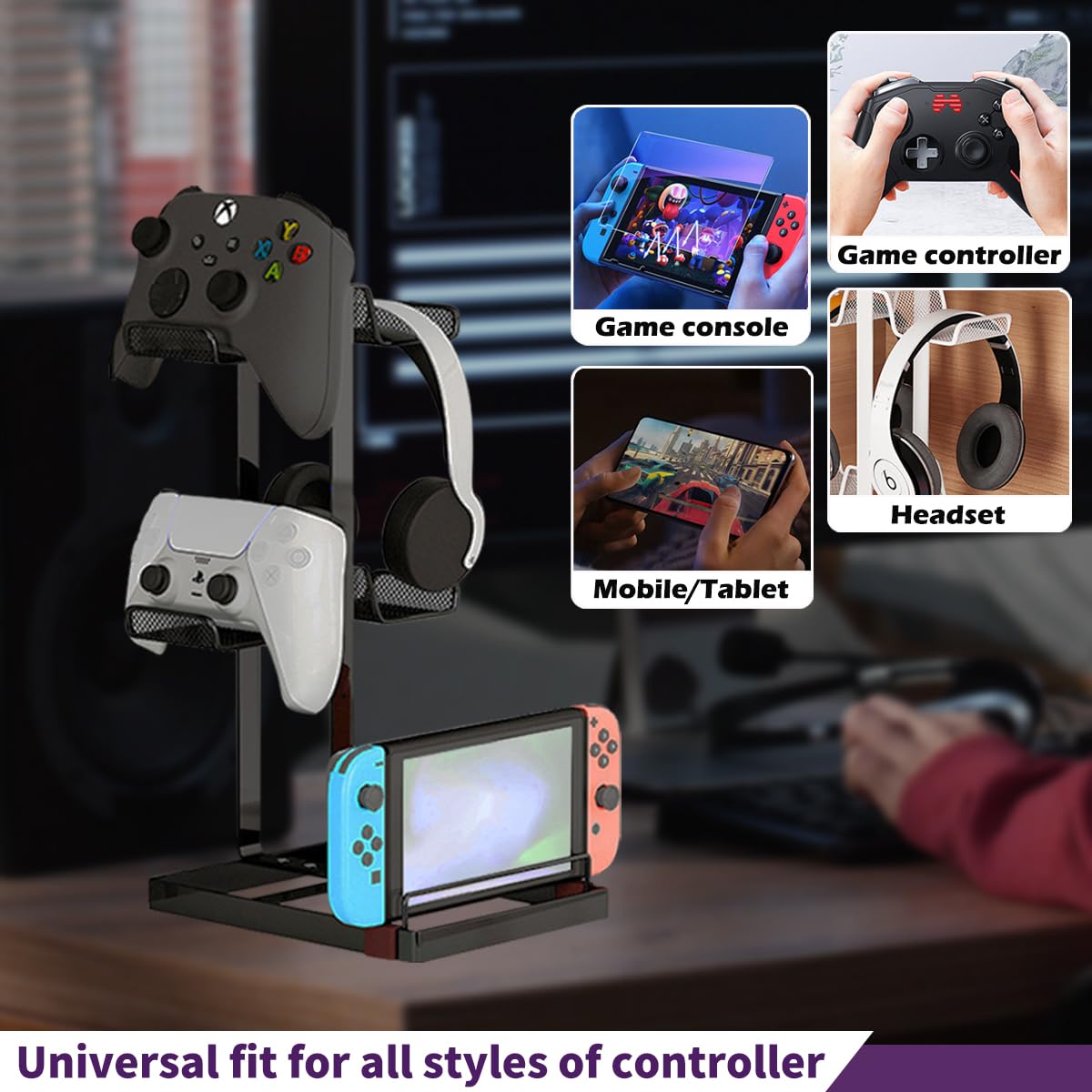 Vicosey Game Controller Stand,Controller Holder 2 Tier for Desk,Anti-Slip Stable Design Universal Storage Compatible with Gaming Accessories Headset Xbox PS5 PS4 Gamer Gifts(Black)