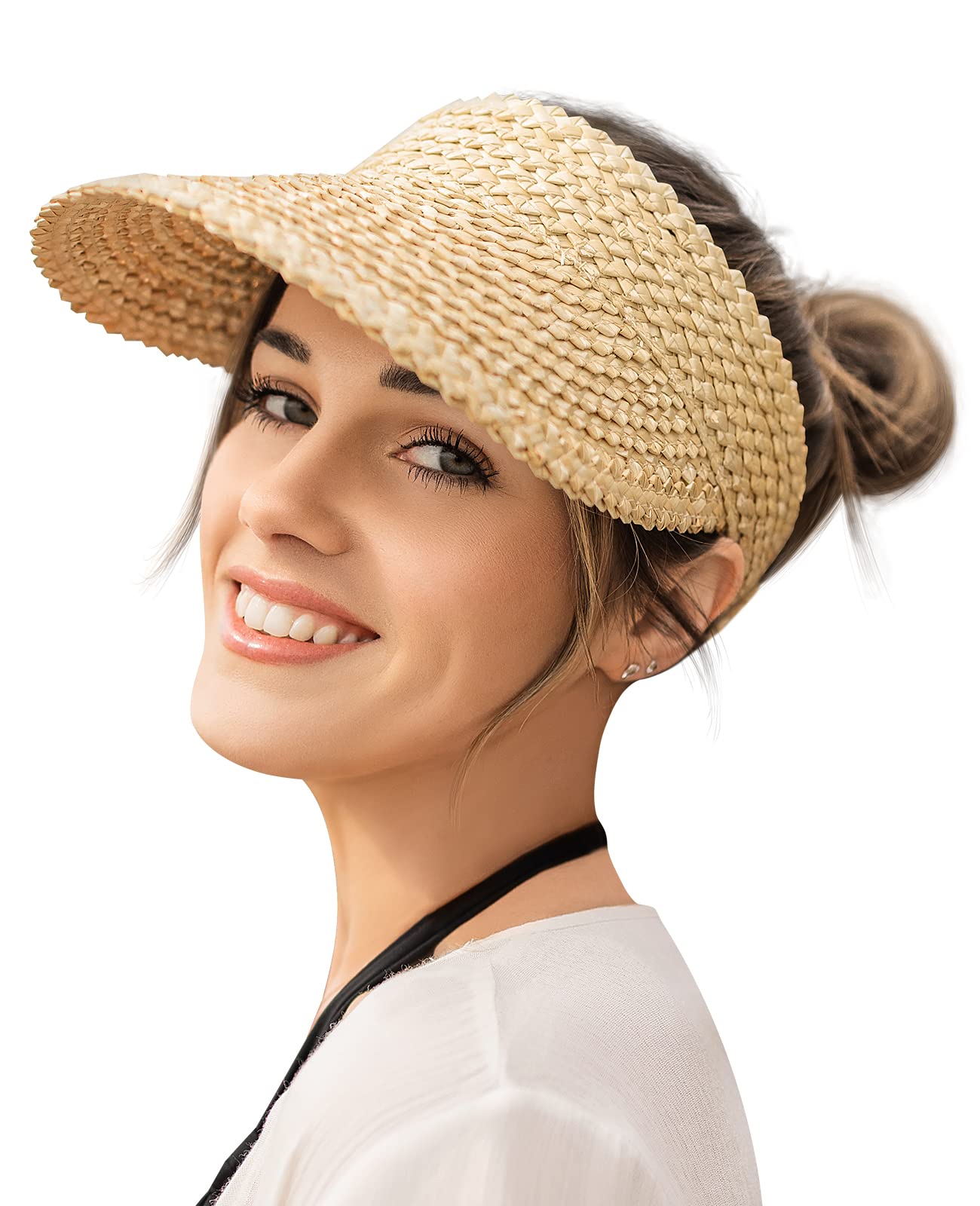 Visors for Women, Straw Sun Visors for Women Beach Hats for Women Packable Sun Hat Womens Visor Handmade Straw Hats for Women Beige