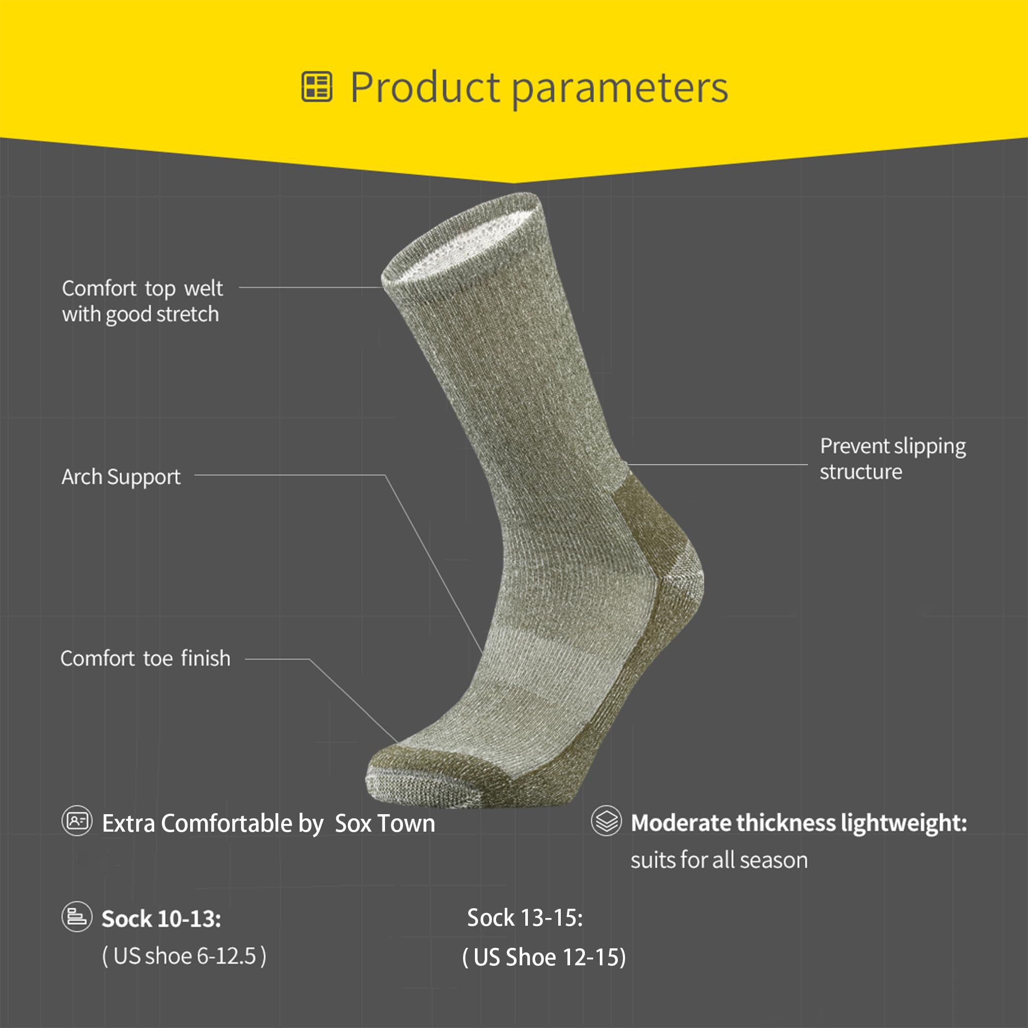SOX TOWN Men's Merino Wool Cushion Crew Socks Moisture Wicking Control for Outdoor Hiking Work Boot Thermal Warm All Seasons(Green XL)