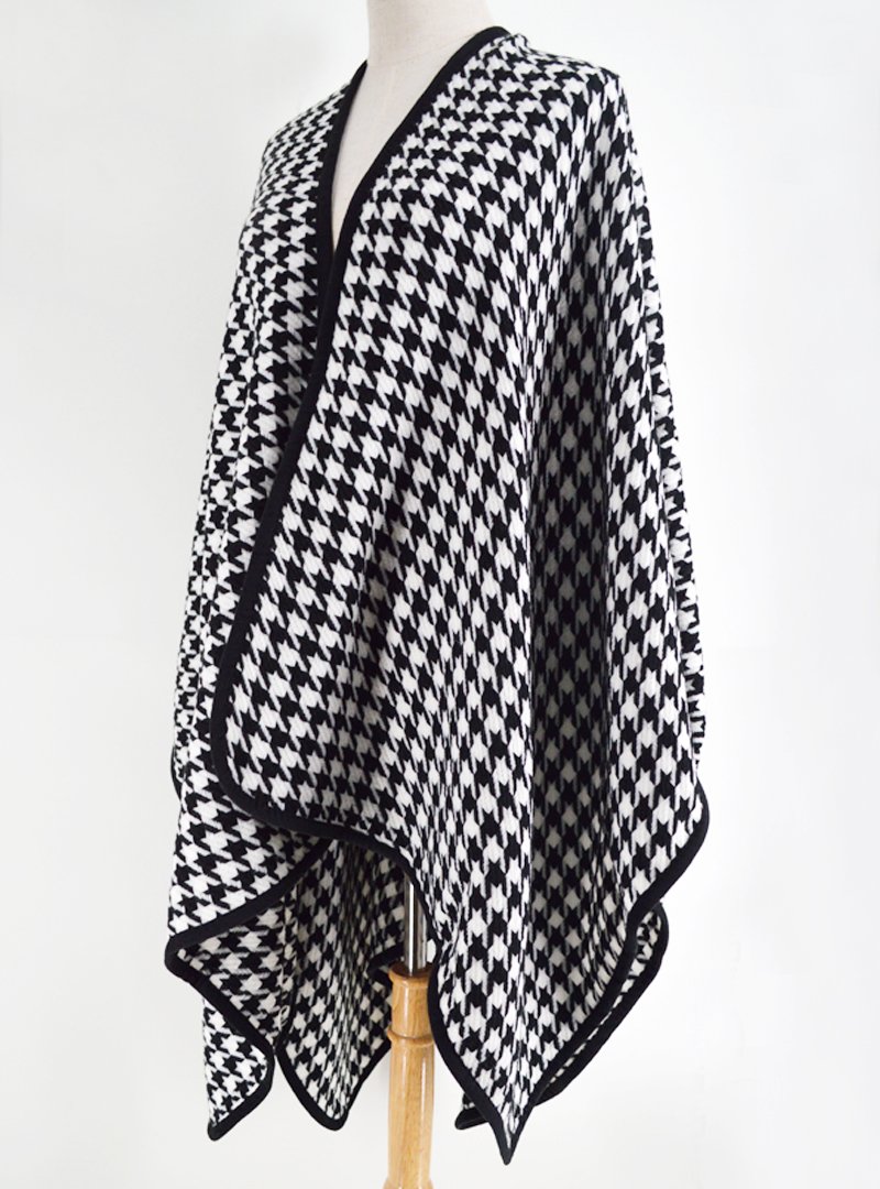 Monique Women Vintage Reversible Houndstooth Scarf Large Shawl Winter Warm Cashmere-like Wrap Open Front Cardigan Poncho Cape Sweater Black
