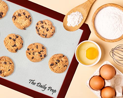 THE DAILY PREP Red Silicone Baking Mats, Nonstick Baking Sheets for Bake Pans & Rolling, Thick .75mm, Food Grade Oven Mat, Microwavable Silicone Sheet, Freezable- 11 5/8 in x 16.5 in (Pack Of 2)