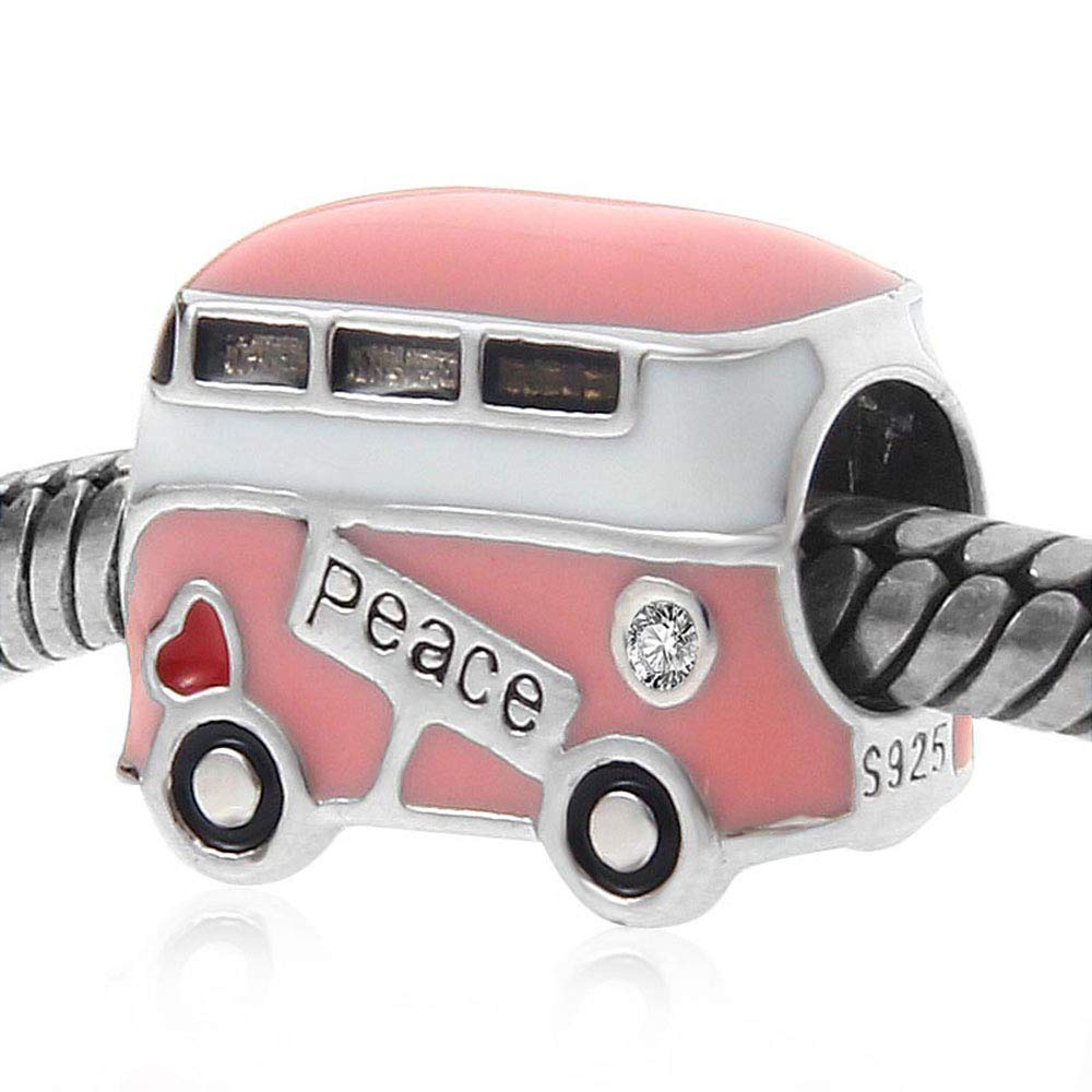 Pink Peace Bus Charms, 925 Sterling Silver with Enamel, Mini Beads fits Pandora Women Bracelets, Gifts for Travel/Mothers Day/Christmas
