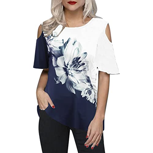 Women's Tops Cold Shoulder Flower Print Round Neck Blouse Middle Sleeve T Shirt Blue