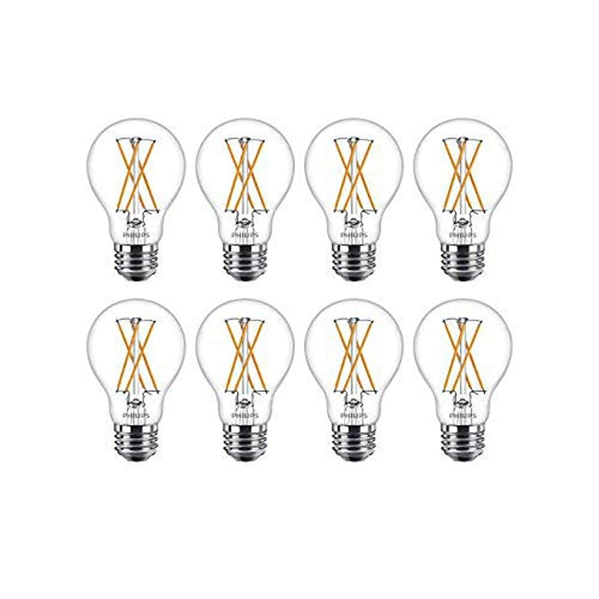 Philips LED Flicker-Free Dimmable Warm Glow Effect A19 Classic Glass Light Bulb, 800 Lumen, 2200-2700K, 8W=60W, E26 Base, Title 20 Certified, 8-Pack