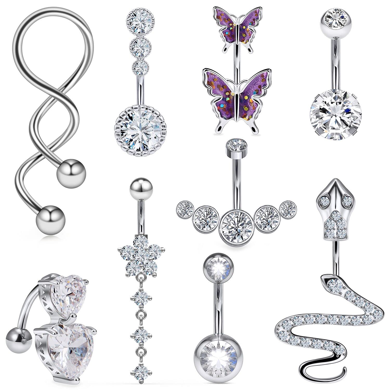 Rksndnn 14G Belly Button Rings Dangle for Women Stainless Steel Piercing Jewelry Snake Reverse Spiral With Clear Cz Navel Ring Body Silver (DNN-001)