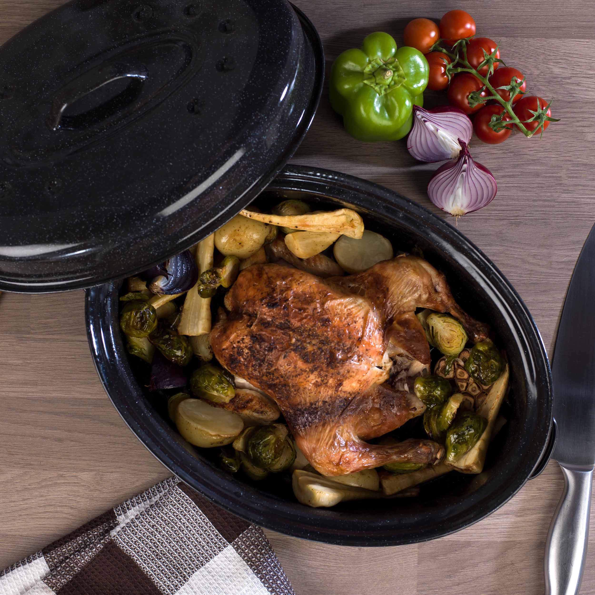 Russell Hobbs® CW11491 Vitreous Enamel Romano Self Basting Roaster with Lid | Dishwasher Safe | Oven Safe | Long Lasting | 36 cm | Black