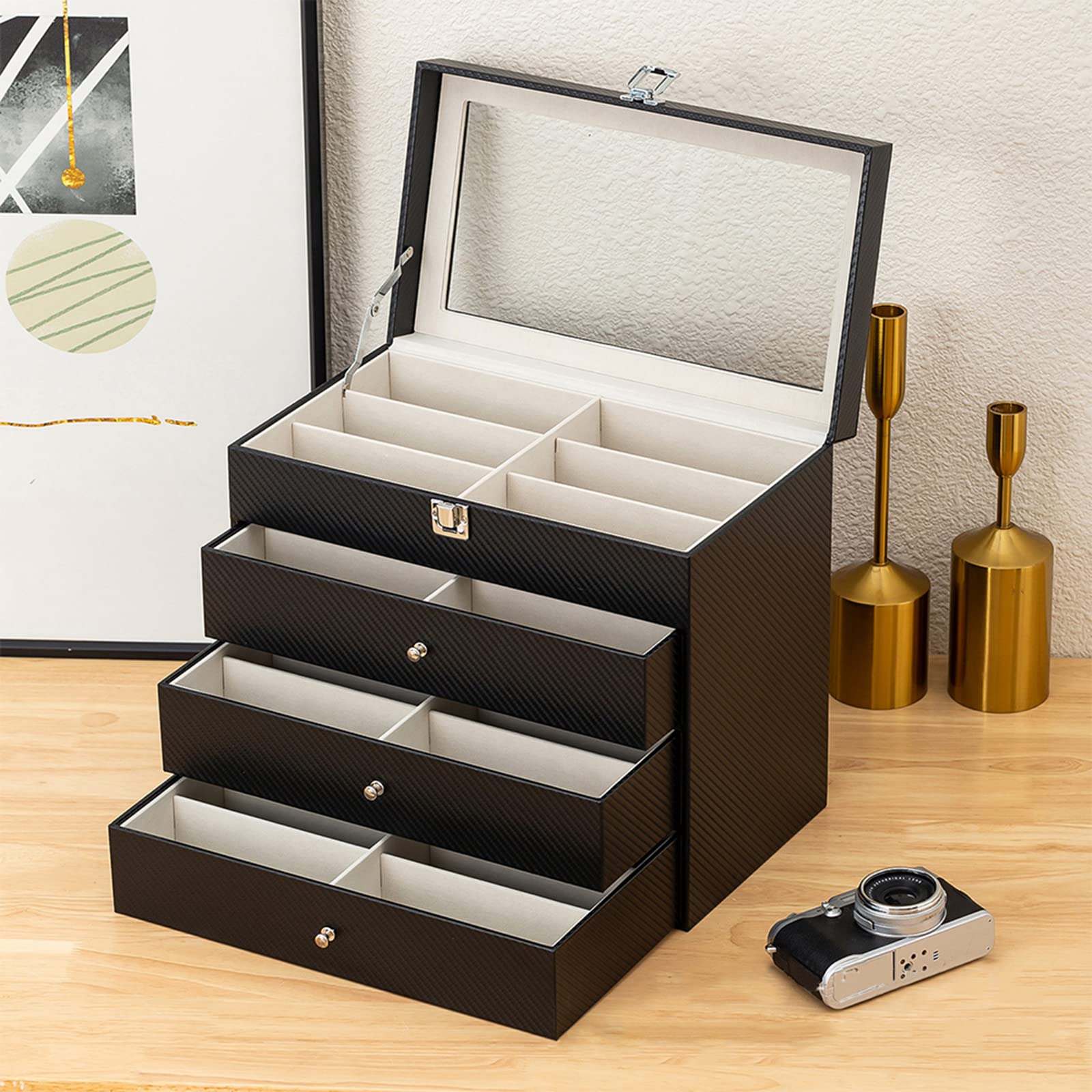 RUTILY 4 Layers Sunglasses Organizer Case 24 Slots Eyeglasses Display Storage Organizer Box Leather Sunglasses Holder Case for Eyeglasses Collector,Eyeglasses Display Case with Metal Lock