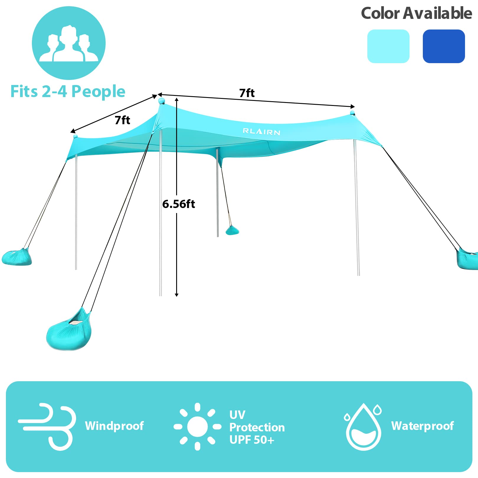 RLAIRN Beach Canopy Tent Sun Shade, RLAIRN Portable Beach Sun Shelter UV Protection Beach Shade Easy Setup with Poles for Beach, Camping, Backyard, Picnics (Turquoise)