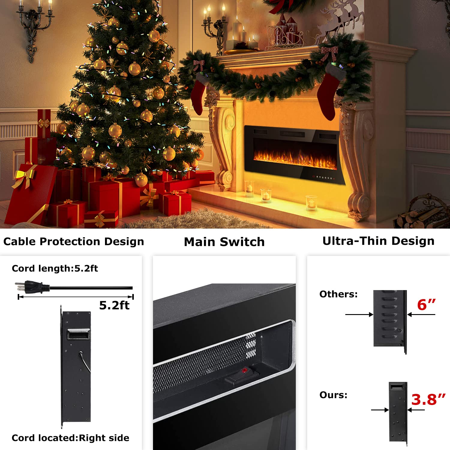 Vitesse 60 inch Ultra-Thin Electric Fireplace in-Wall Recessed and Wall Mounted Fireplace Heater,Linear Fireplace with Multicolor Flame,Timer,Low Noise,750/1500W,Touch Screen & Remote Control(60ββ)