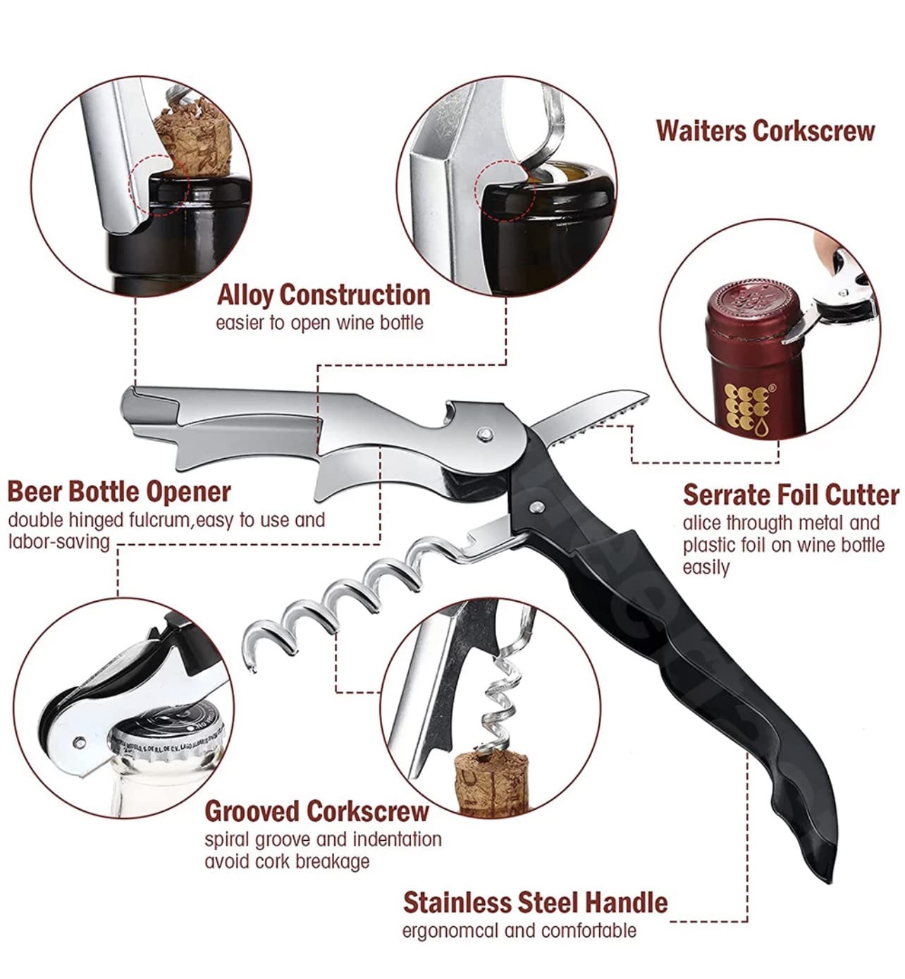 WICKS & WINE STAINLESS STEEL WINE ACCESSORY GIFT SET - BOTTLE OPENER, DRIP RING, BOTTLE STOPPER, WINE POURER