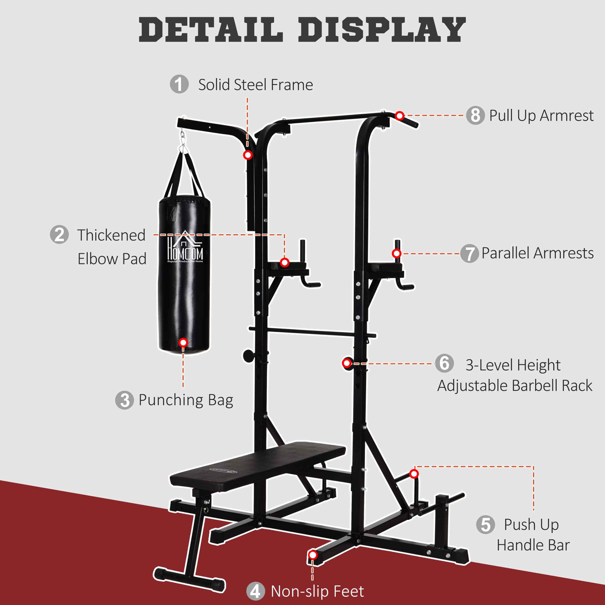Soozier Heavy-Duty Power Tower Dip Station Pull Up Bar with Foldable Workout Bench and Punching Bag, Multi-Functional Adjustable Strength Training Equipment Power Rack Fitness Equipment for Home Gym