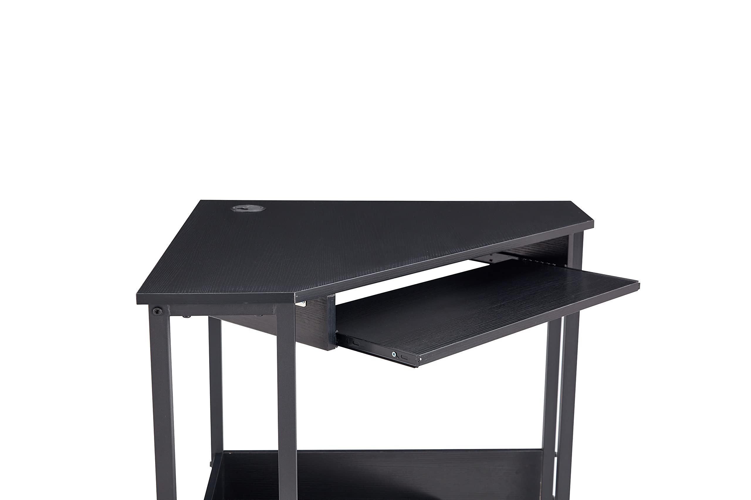 MENGK Triangle Computer Desk,Corner Desk with Smooth Keyboard Tray& Storage Shelves,Compact Home Office,Small Desk with Sturdy Steel Frame As Workstation for Small Space,Black,28.34''L 24''W 30.11''H