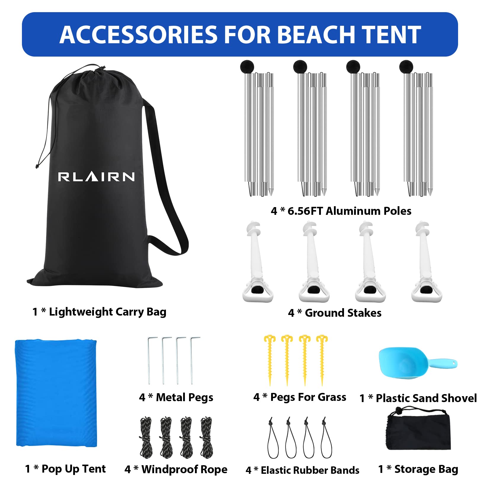 RLAIRN Beach Canopy Tent Sun Shade, Portable Beach Sun Shelter UV Protection Beach Shade Easy Setup with Poles for Beach, Camping, Backyard, Picnics (Blue 7×7 Ft with Rope) (Deep Blue 10×10 FT)