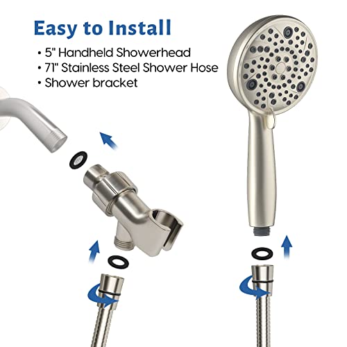 Vantency Brushed Nickel 8 Function Handheld Shower Head with 71 Inches Shower Hose, Modern Style, Easy Installation