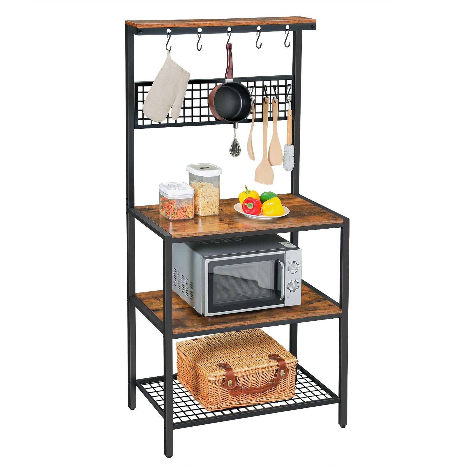VASAGLE Coffee Bar and Baker’s Rack Bundle, Kitchen Storage Racks with Shelves, Hooks, for Microwave, Rustic Brown and Black UKKS17BX and UKKS35X