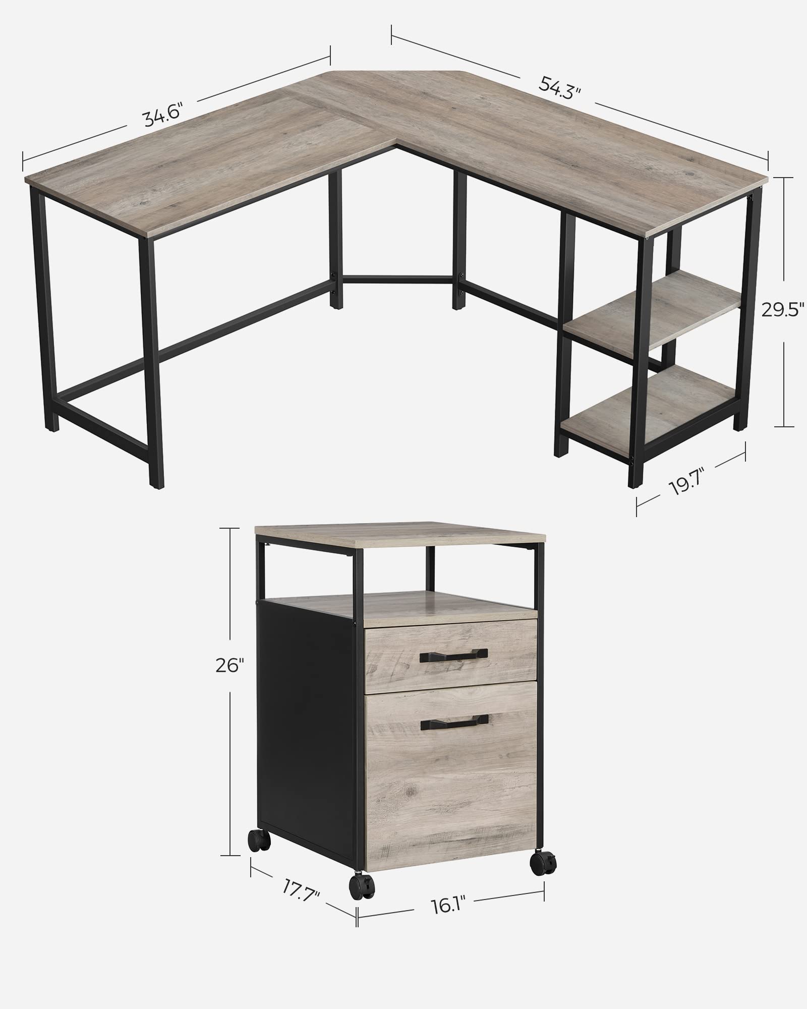 VASAGLE L-Shaped Computer Desk and Rolling File Cabinet Bundle, Writing Desk, Filing Cabinet with 2 Drawers, Industrial Style, for Home Office, Greige and Black ULWD72MB and UOFC071B02