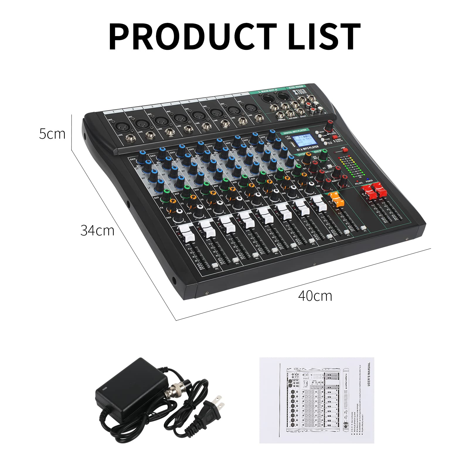 XTUGA CT80 8-Channel Professional Audio Mixer for Computer Recording Sound Controller Interface Built-in Digital Effect Studio Mixer with 48V Phantom Power,RCA Input/Output,MP3,Bluetooth,EQ