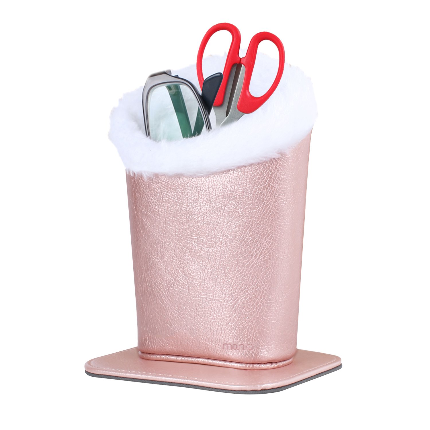 MOSISO Eyeglasses Holder, Plush Lined PU Leather Stand Case with Magnetic Base, Rose Gold