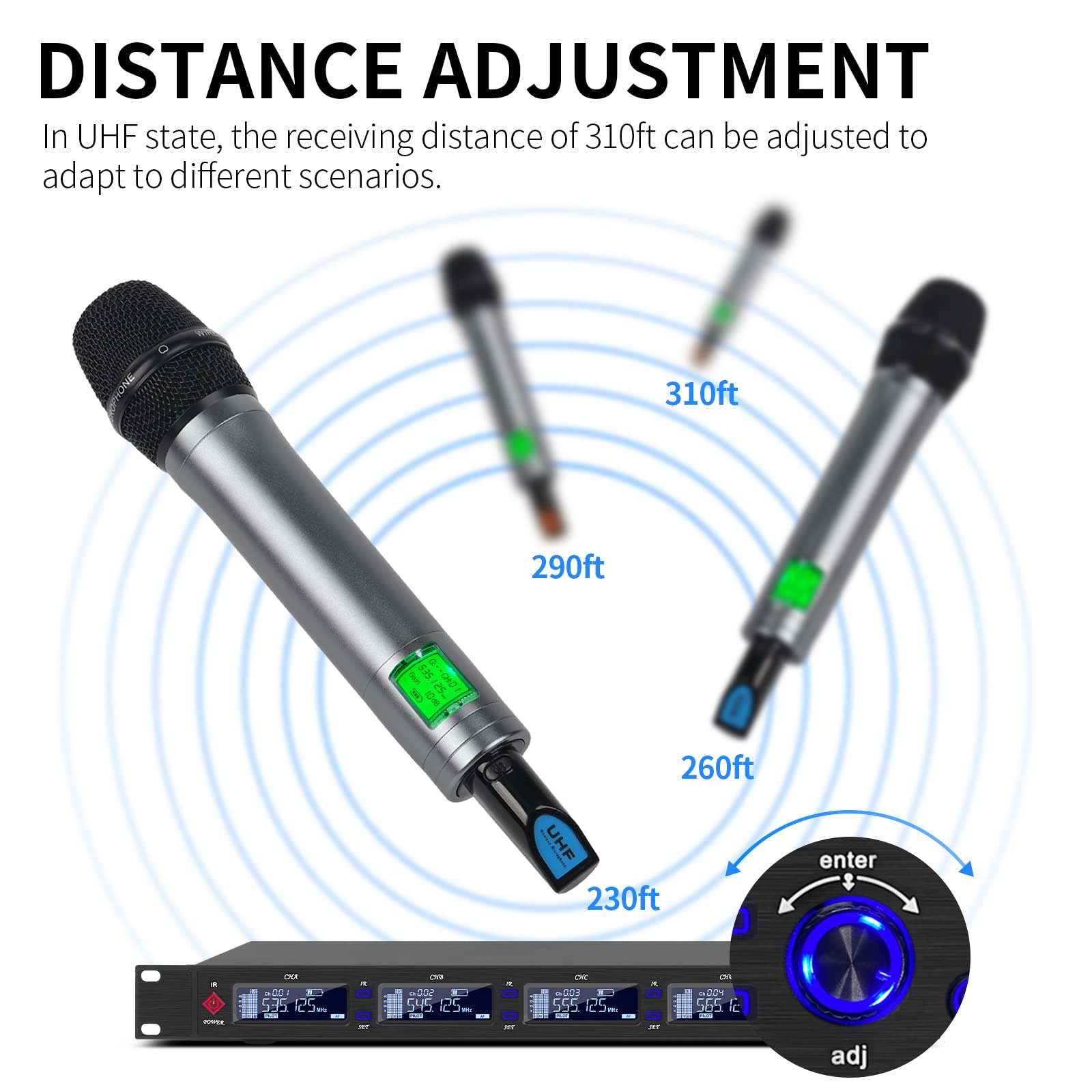 XTUGA M-6604S Professioanl 4 Channel Wireless Microphone System,True Diversity Cordless Handheld Microphone Whole Metal Bulid with IR Function EQ Effect,Long Range 390ft for Church/Karaoke/Weddings