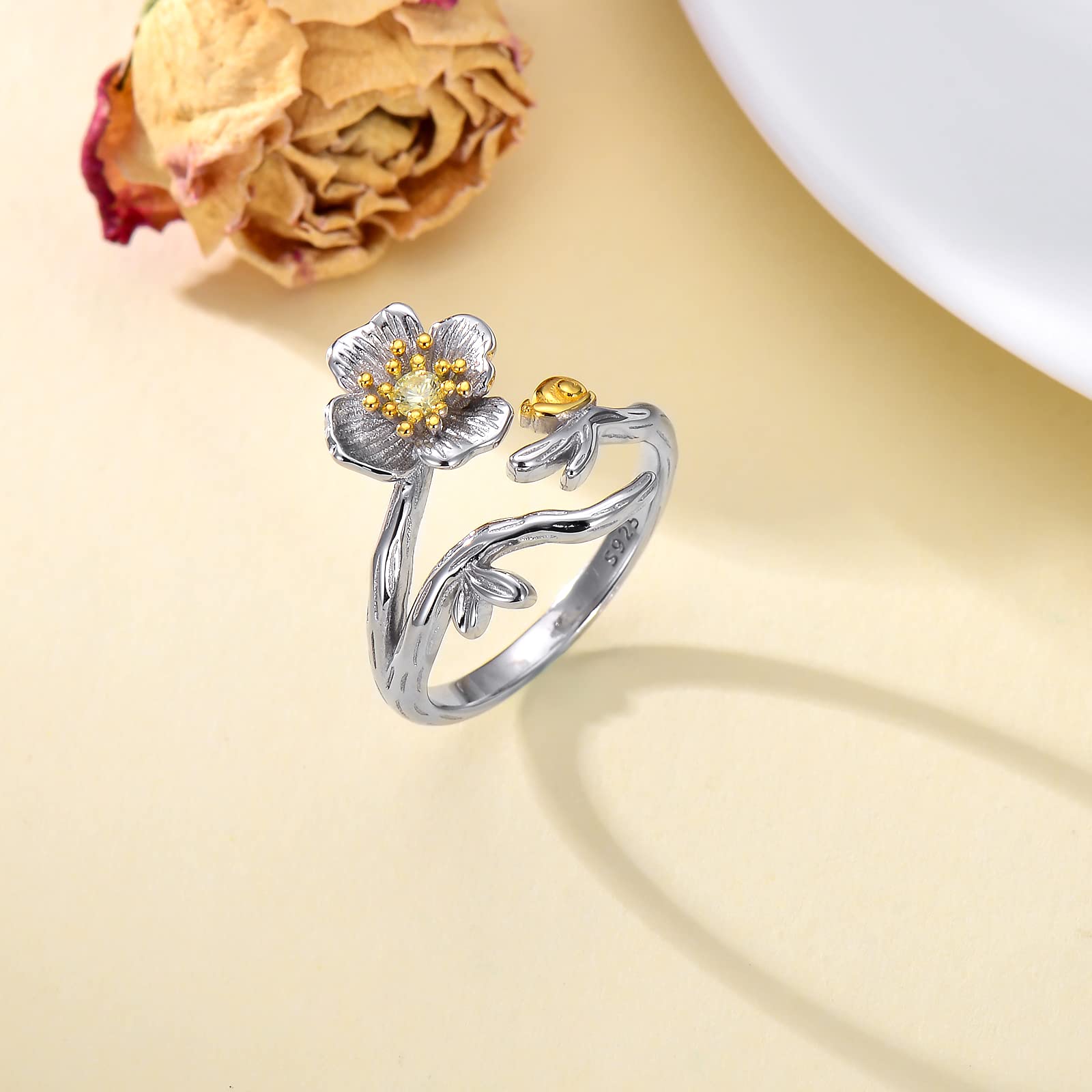 RMREWY 925 Sterling Silver Blooming Poppy Flower Open Ring Adjuastable Ring Jewelry Unique Gift for Women (7.5)
