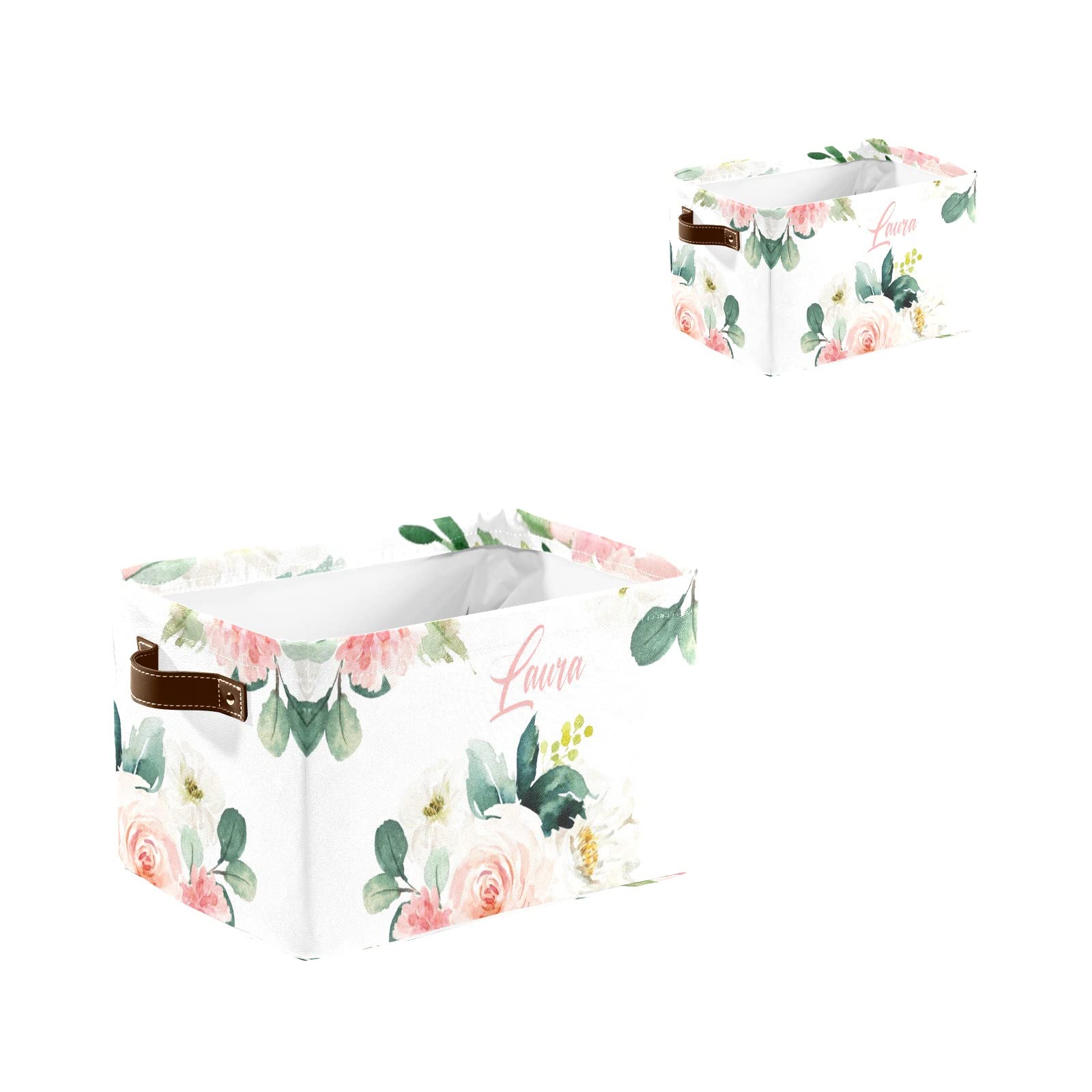 Pink Rose Flower Personalized Custom Name Waterproof Storage Boxs Baskets Clothts Towel Book for Bathroom Office 1 Pack