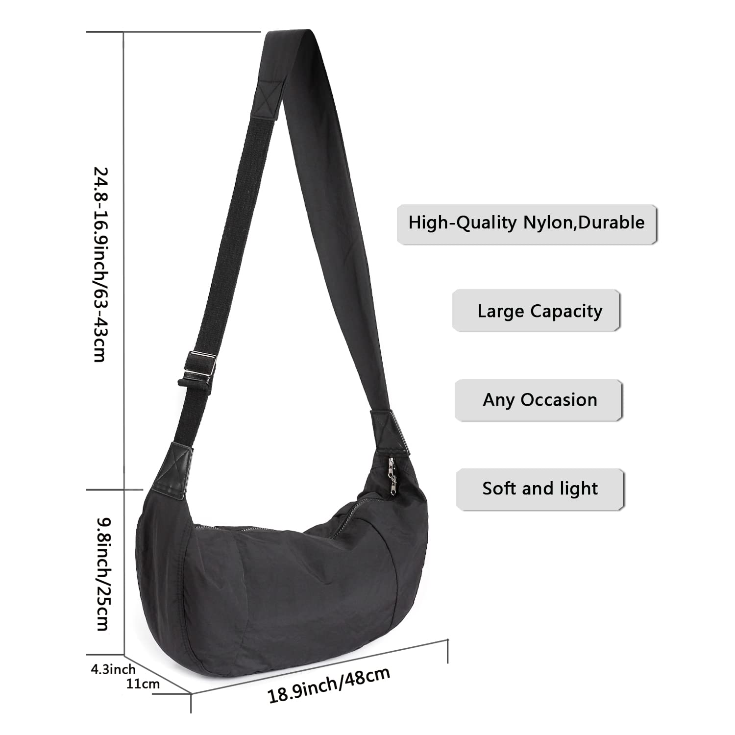 Yrarbil Large Nylon Crescent Crossbody Bag, Casual Hobo Bag Shoulder Bag for Women Men Adjustable Strap Shoulder Bag(Black)
