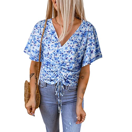 Summer Top Women Drawstring Print Short Sleeve Loose Casual Pullover Shirt Blue