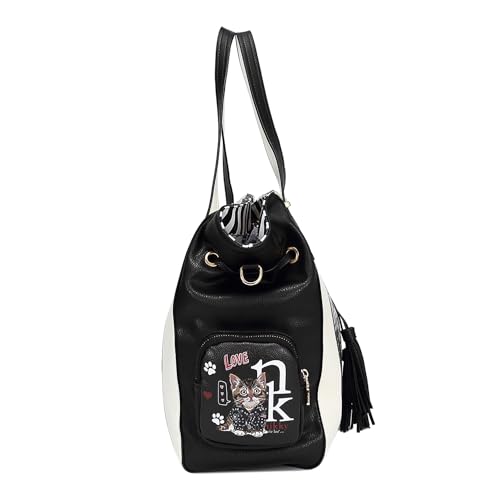 Nicole Lee Nikky Never Be Shy Shoulder Bag, Drawstring Closure Vegan Leather Bag with Multiple Pockets, Kitty Cat Fashion Print