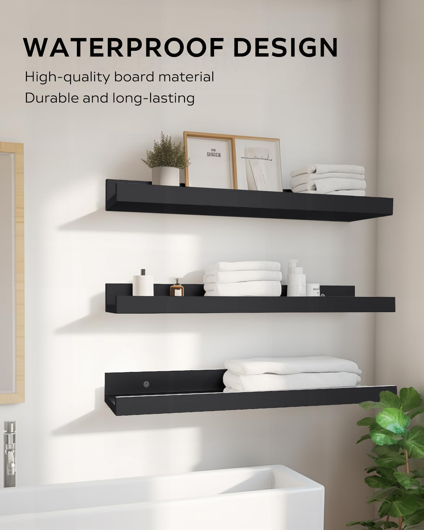 MIRROTOWEL Small 16” Floating Shelves for Wall Décor Storage, Set of 2, Wood for Bedroom, Living Room, Bathroom, Kitchen, Picture Ledge and Farmhouse（Black）