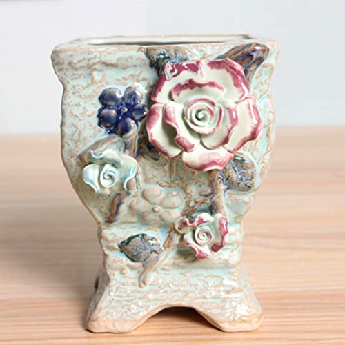 VOSAREA Hand Painted Square Succulent Planter Cactus Planter Pot Bonsai Pot Clay Pot Flower Pot Floral Design Random Color