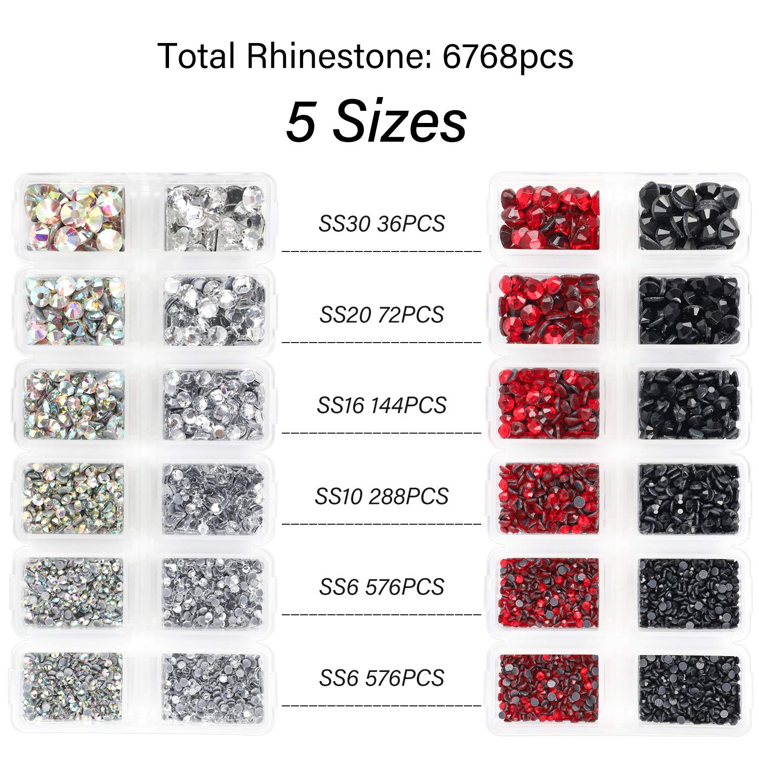 Outuxed 8496pcs Hotfix Rhinestones Flatback Crystal Glass Gems Set with Clear Crystal and Clear AB, Black and Red Rhinestones 5 Sizes,12 Mixed Color 4mm for DIY Craft, Clothes
