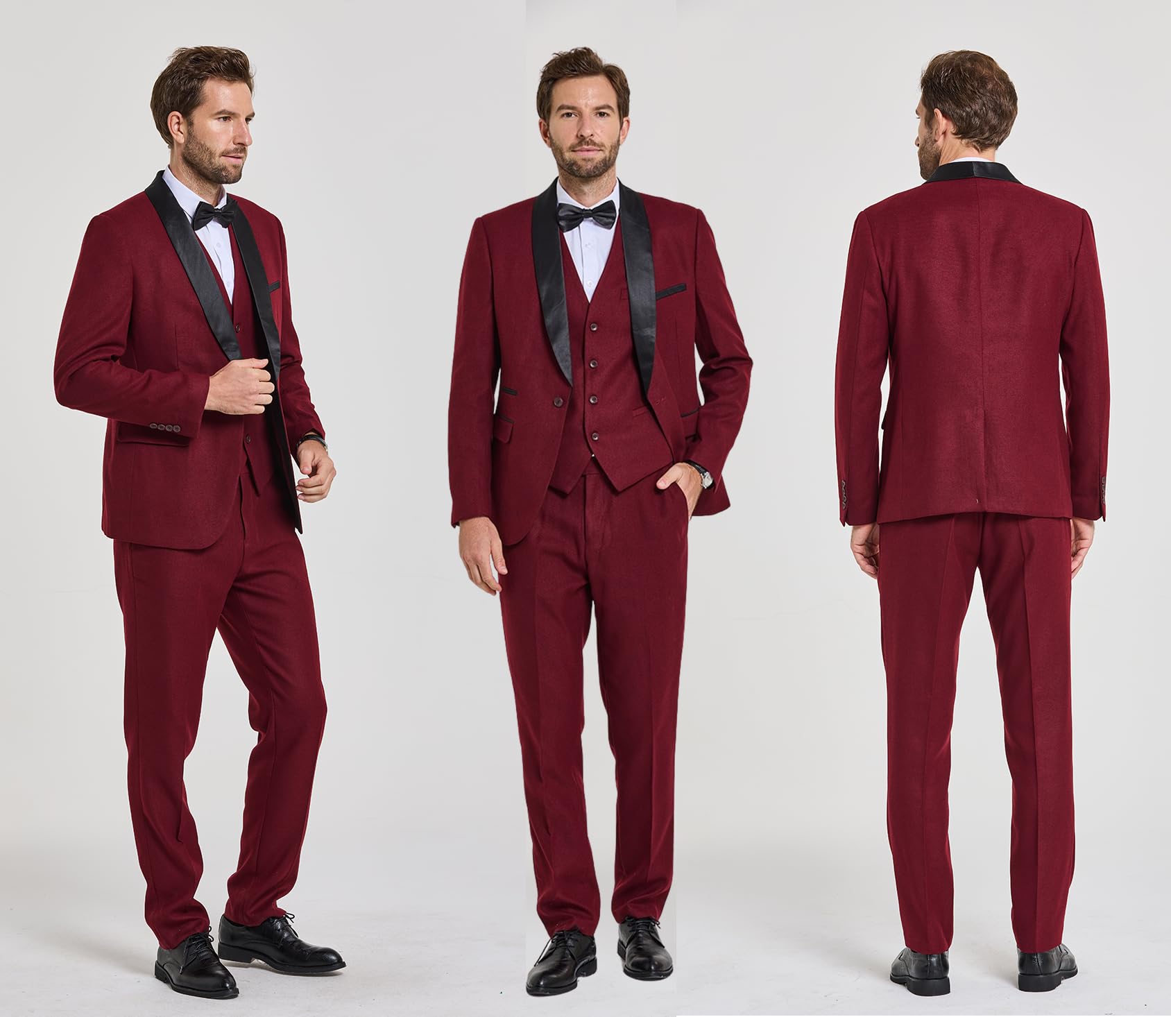 MYS Mens 3-Piece Suit Shawl Lapel One Button Tuxedo Slim Fit Premium Dinner Jacket Vest Pants & Tie Set Deep Red