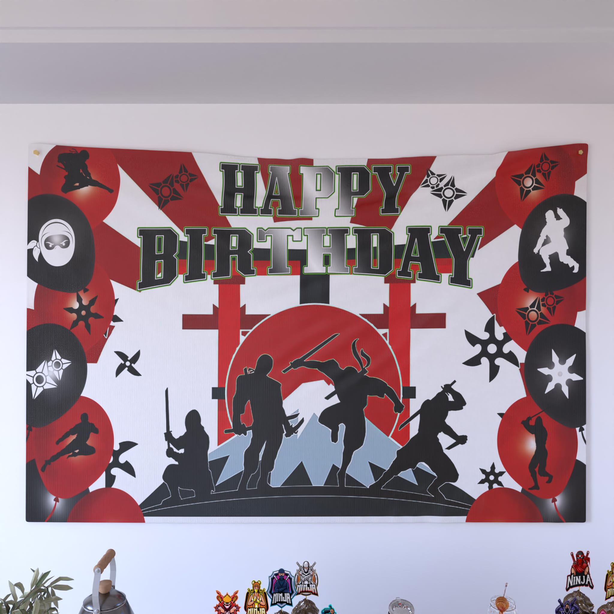 Nelton Ninja Party Supplies Includes Cake Topper, 24 Cupcake Toppers, 20 Latex Balloons, Happy Birthday Backdrop, 1 Table Cloth , 1 Banner