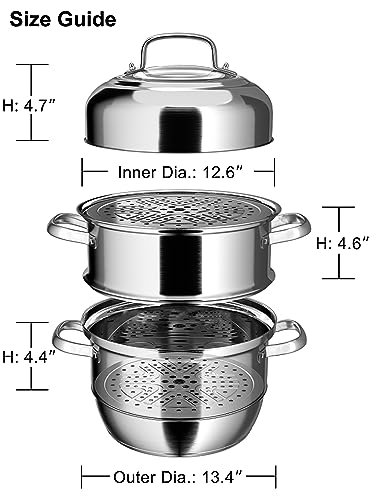 VENTION Large Steamer for Cooking, 3 Tier Steamer Pot, 13 2/5 Inch Stainless Steel Steamer, Steam Pots for Cooking