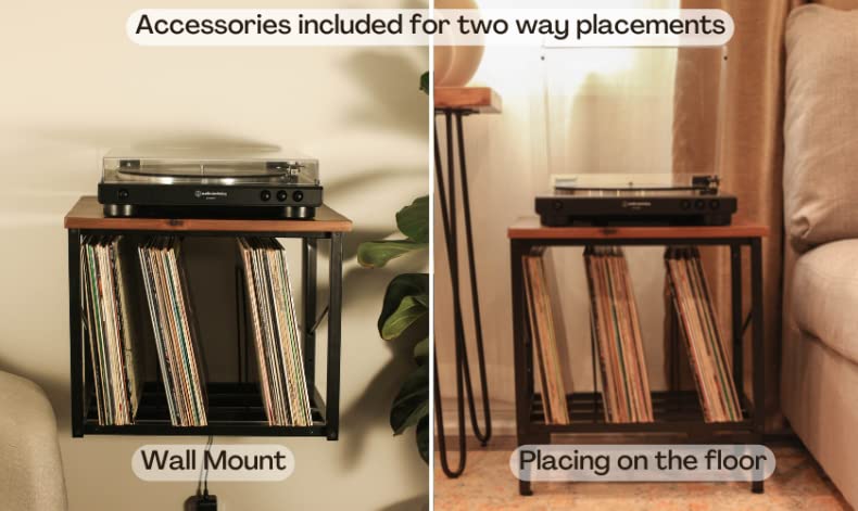 Turntable Stand with Vinyl Record Storage - Solid Acacia Wood with Sturdy Metal Structure - Two-way placement: Wall Mount and Floor Stand (Acacia Wood tabletop and Matte Black metal body)