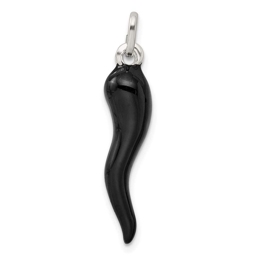 Sterling Silver Black Enamel Italian Horn Pendant 33mm 7mm style QC6095