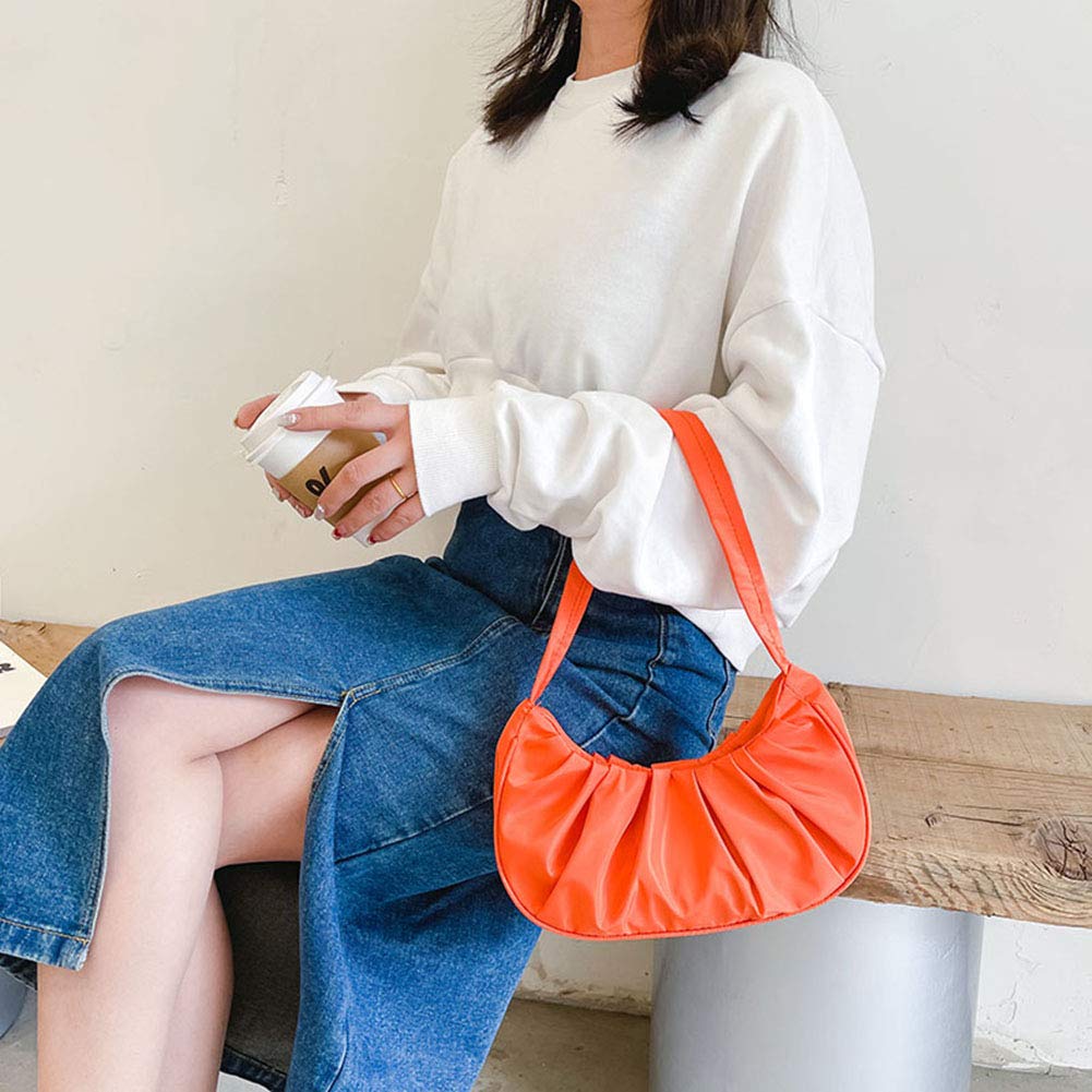 Small Shoulder Bags for Women Solid Color Pleated Cloud Underarm Handbag Totes, Orange, 21 x 18 x 5cm
