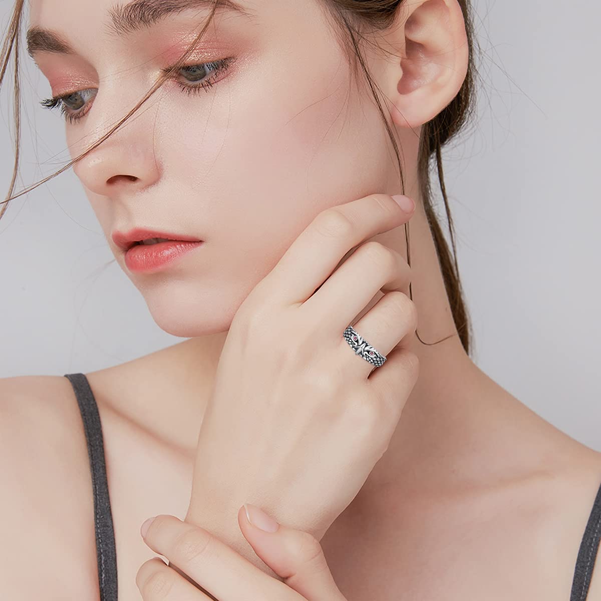 Viking Owl Ring 925 Sterling Silver Hawk Eye Ring Oxidized with Red Zircons Vintage Norse Jewelry Gift for Women Men