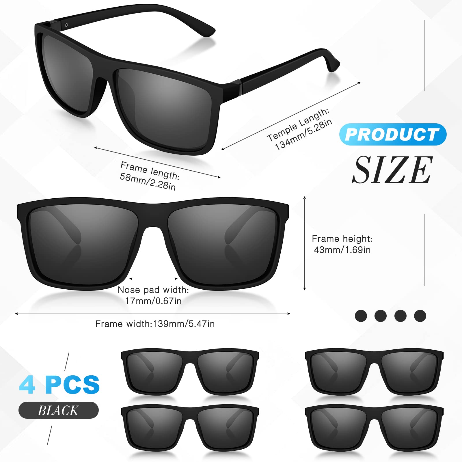 WFEANG Polarized Sport Sunglasses for Men Women Buy One Get One Rectangular Vintage Sunglasses UV400 Protection (4Pack Grey Black)