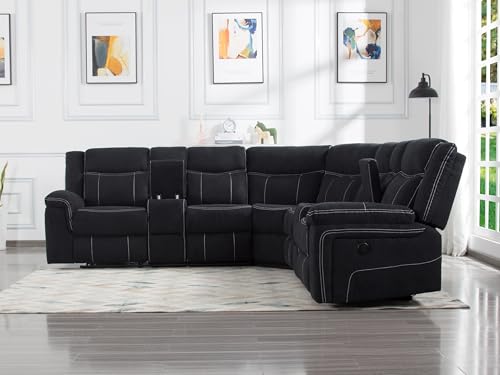 Modern Power Motion Sectional Reclining Sofa Set,Symmetrical L-Shaped Recliner Sofá Upholstered 5-Seat Corner Couch with 2 Center Consoles and 4 Cup Holders for Living Room/Villa/Theater Seating