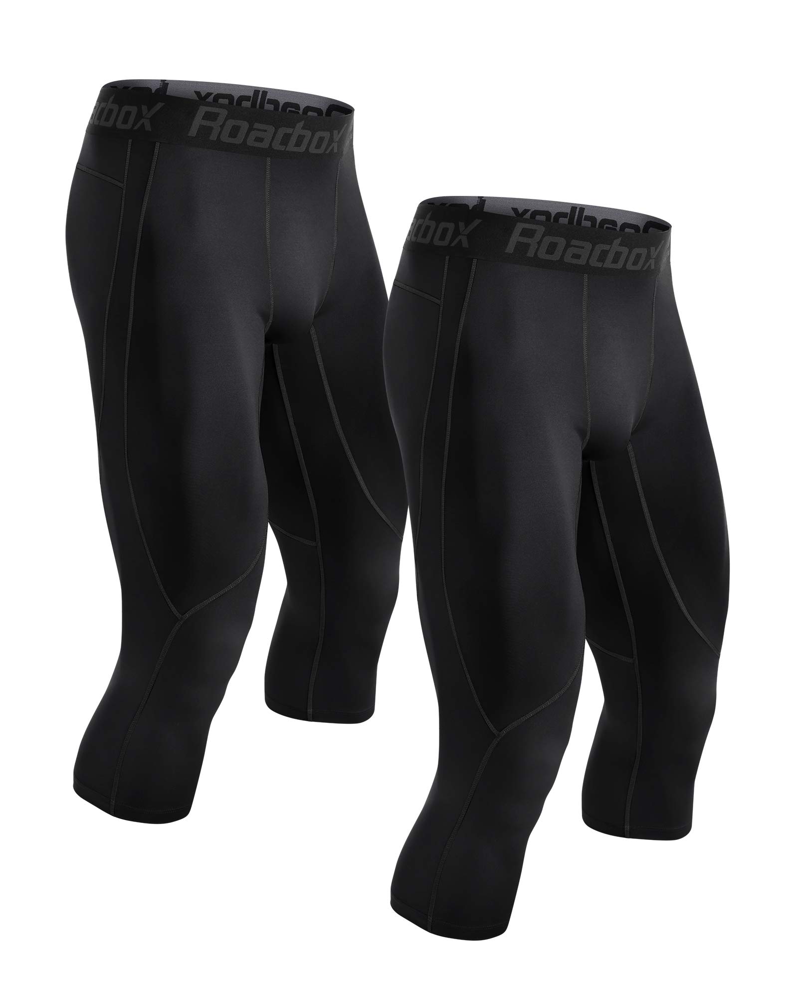 Roadbox Mens 3/4 Compression Pants with Pockets Running Workout Baseketball Base Layer Legging Tights