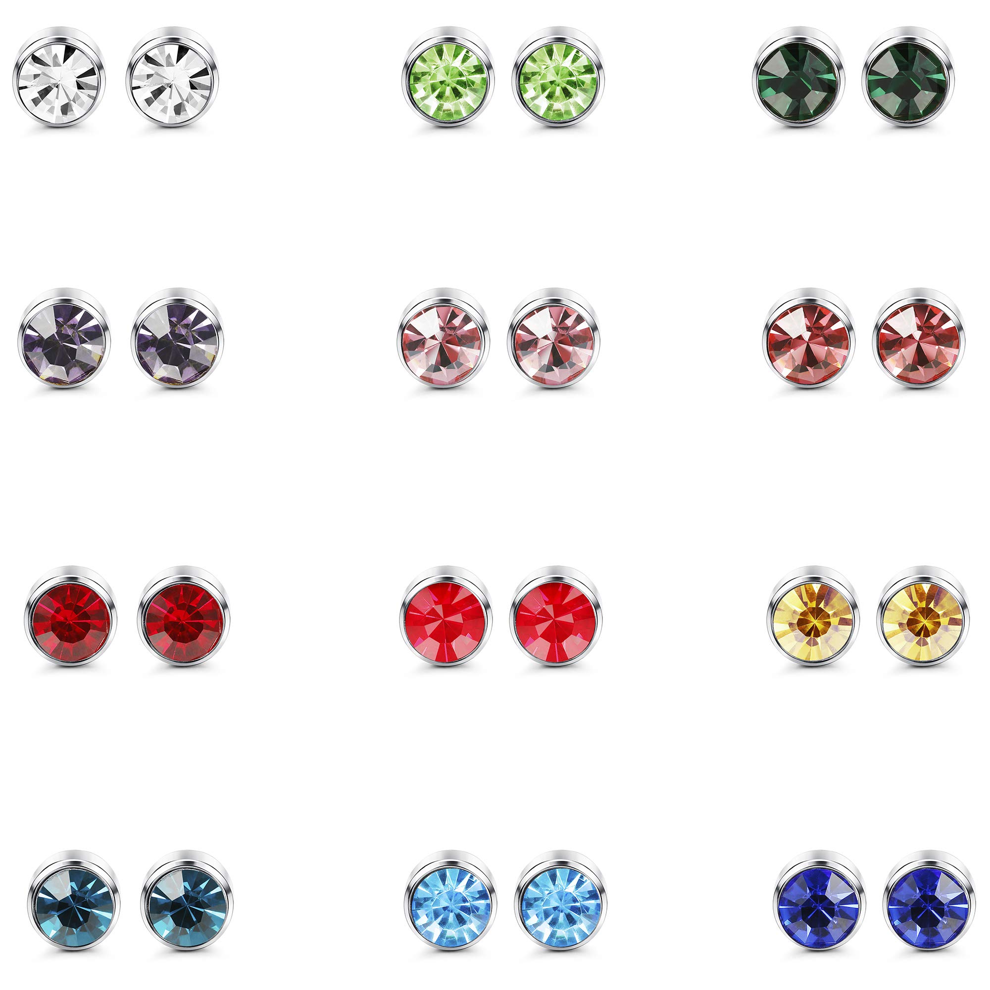 ORAZIO 12 Pairs Stainless Steel CZ Stud Earrings for Women Cubic Zirconia Cartilage Stud Earring Screwback 4mm