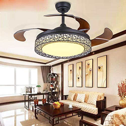 OUKANING 42 Inch Ceiling Fans Lights LED 4 Retractable Blades Ceiling Fan Three Color Change Chandelier with Remote Contro