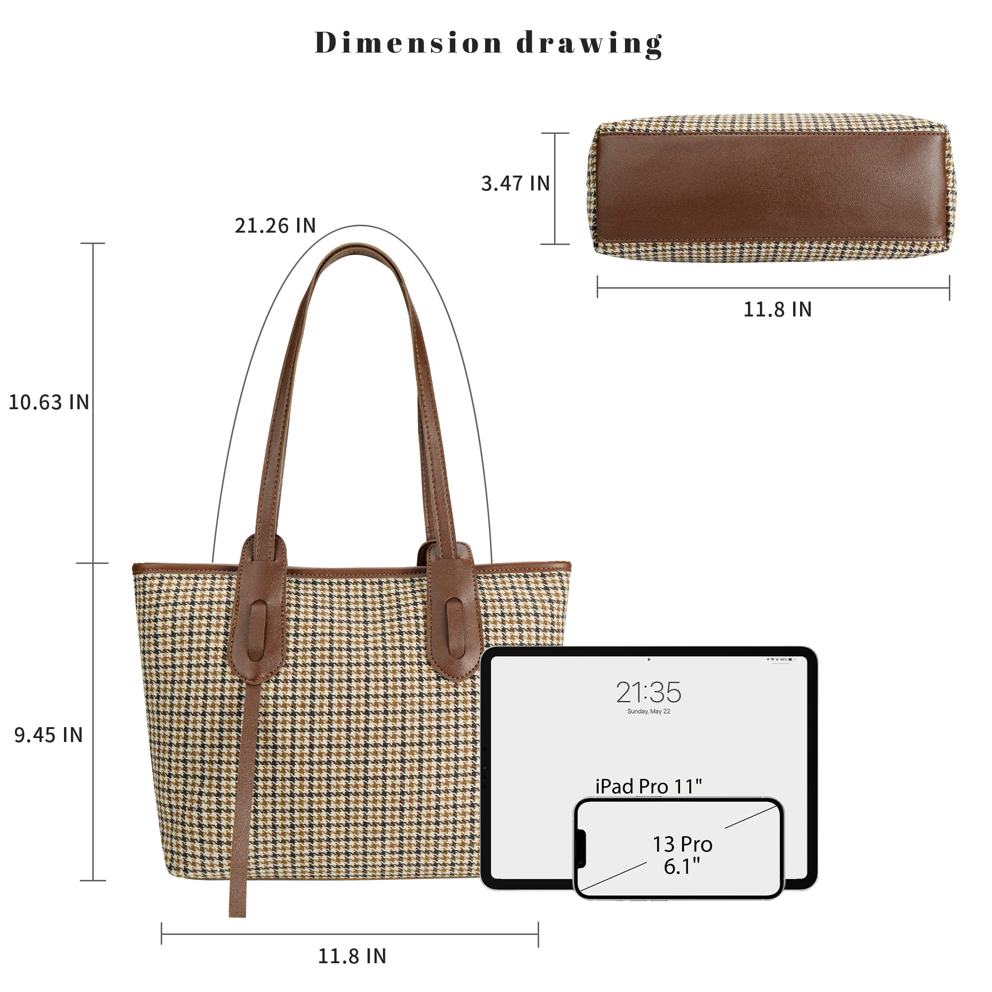 Whale Power Tote Bag for Women Houndstooth Shoulder Handbags Medium Size Purses with Zipper Brown