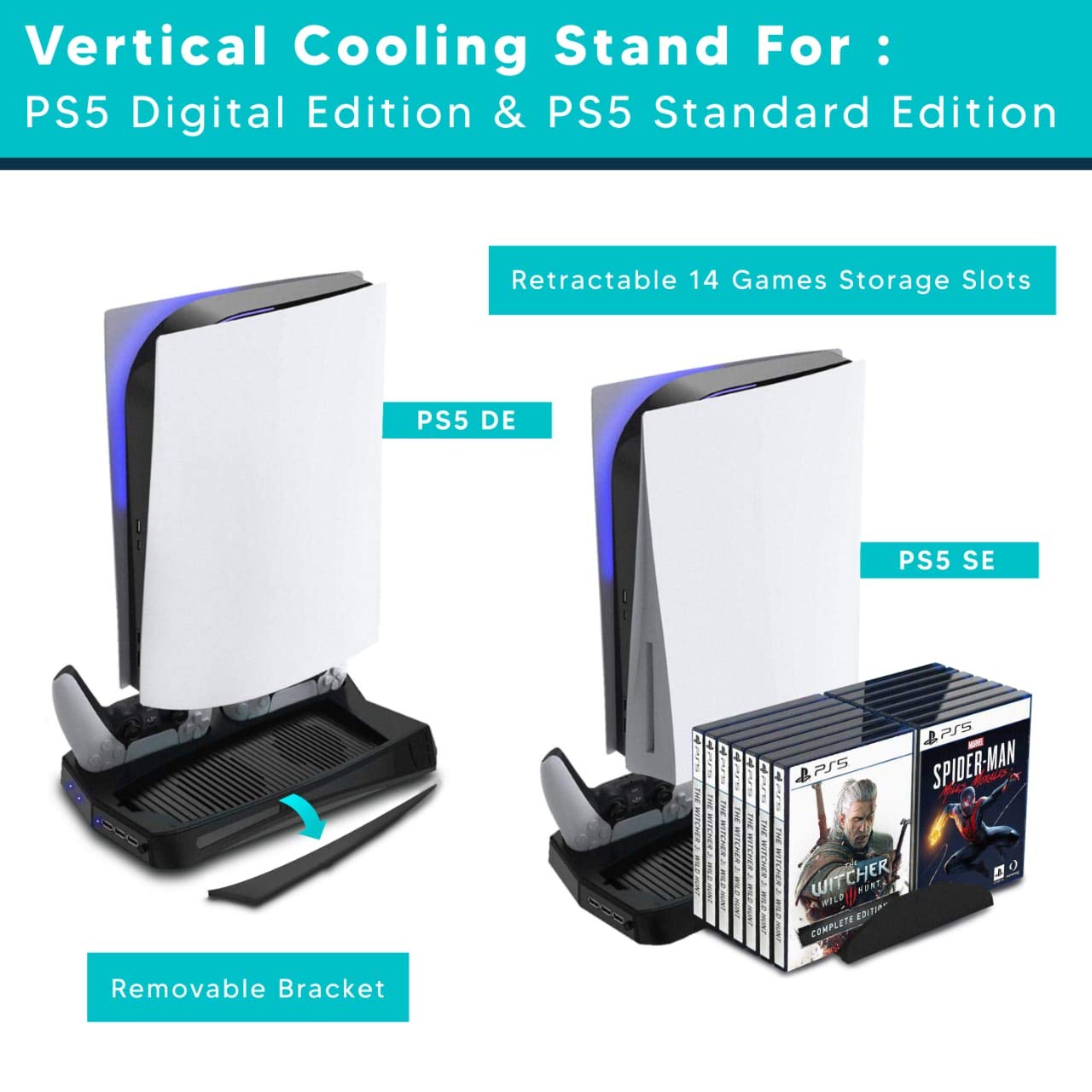 PS5 ALL-IN-ONE Cooling Fan Stand Accessories with Game Storage for SONY PlayStation 5 Standard / Digital Edition Vertical Console, 3 USB Ports, Dual Fast Charger DualSense Controller Station by LIVIOR